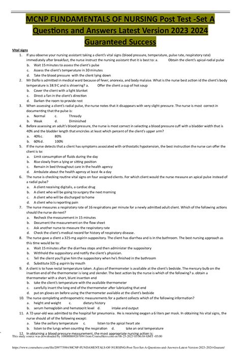 MCNP FUNDAMENTALS OF NURSING Post Test Set AQuestions And Answers Latest Version 2023