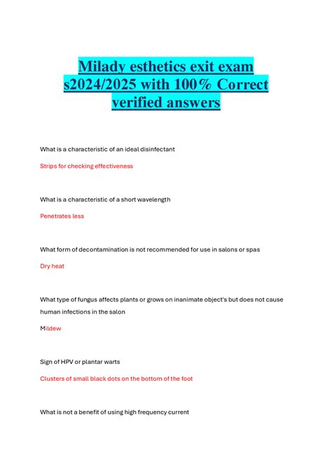 Milady Esthetics Exit Exam S20242025 With 100 Correct Verified Answers Exams Nursing Docsity