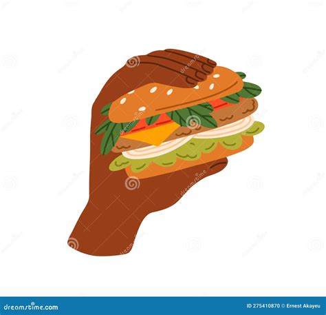 Hand Holding Burger American Fast Food Hamburger With Meat And