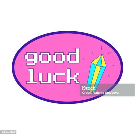 빛나는 크리스탈과 문구가있는 타원형 모양의 Y2k 스티커 행운을 빕니다 레트로 픽셀 글꼴 밝은 산성 색상의 텍스트 그래픽 요소 2000 년대의 향수 흰색의 벡터 일러스트