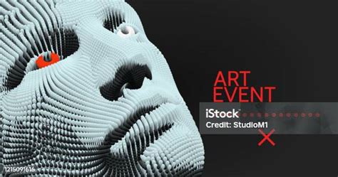 아트 이벤트 초대 템플릿입니다 추상 디지털 인간의 머리 미래 지향적 인 배경 광고 마케팅 또는 프리젠 테이션을위한 벡터 일러스트레이션 3차원 형태에 대한 스톡 벡터 아트 및