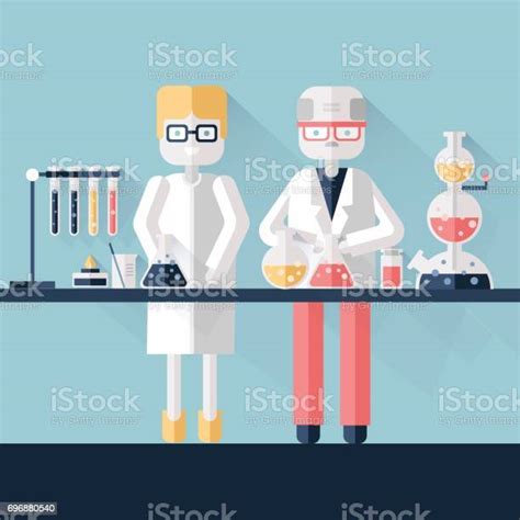 과학 실험실에서 흰 연구실 코트에서 두 과학자 화학자 남자와 여자 시험관 플라스 크에서 물질과 화학 실험을 확인합니다 평면 벡터 일러스트입니다 건강관리와 의술에 대한 스톡