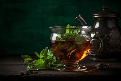 Premium AI Image Mint Tea On A Dark Background Neural Network AI Generated