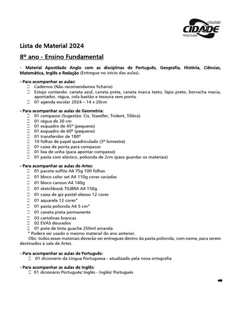 Lista Material Ca 8º Ano Pdf