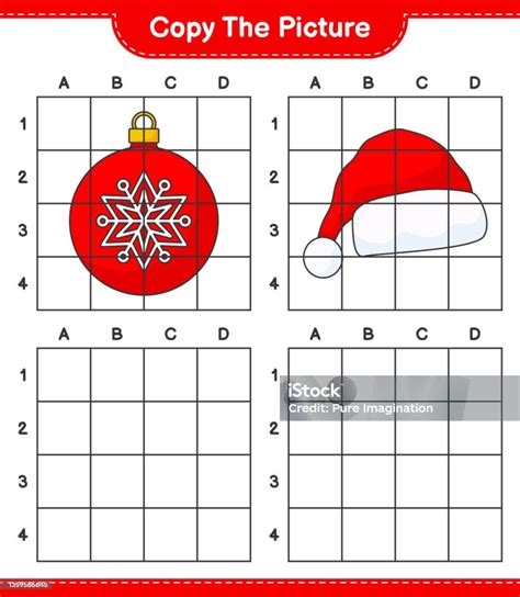사진을 복사 그리드 라인을 사용하여 크리스마스 공과 산타 모자의 사진을 복사합니다 교육 어린이 게임 인쇄 워크 시트 벡터 일러스트레이션 0명에 대한 스톡 벡터 아트 및 기타