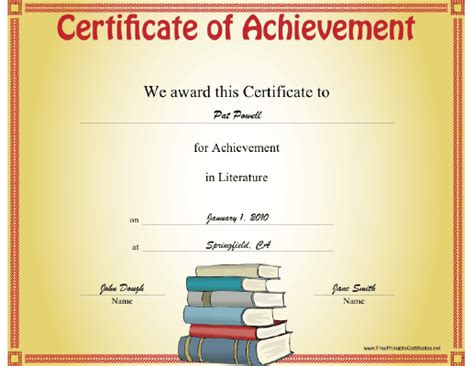 Literature Achievement Certificate With Books Stack Certificate Of