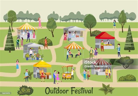 계절 야외 축제 박람회 음식 노점 키오스크 캐노피 차양 텐트 아이스크림 커피 핫도그 꽃 빵집 걷는 사람 남성과 여성이 공원에서