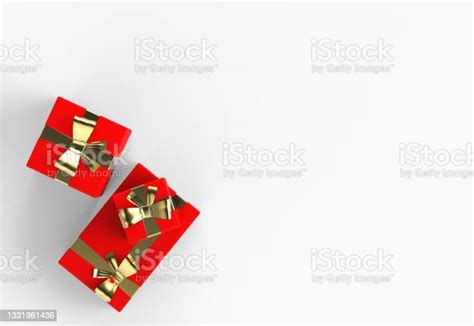 골드 리본과 흰색 배경에 활붉은 색의 선물 상자 블랙 프라이데이 크리스마스 새해 판매를위한 템플릿 3d 렌더링 그림 마케팅 시각화 사실적인 그림자 위쪽 보기 3차원 형태에