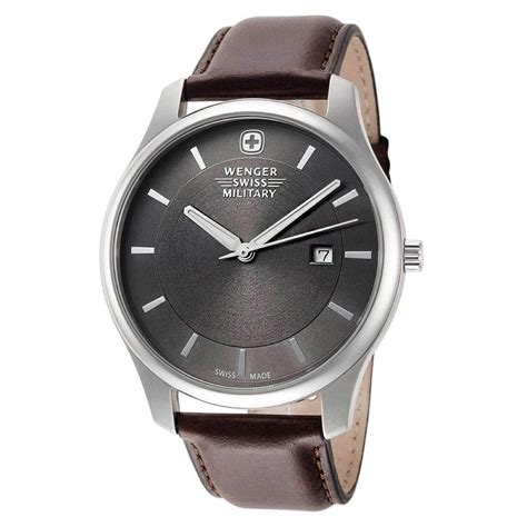 Mens Wenger Watch City Classic Swiss Quartz Grey Dial Brown
