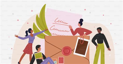 종이 봉투 벡터 삽화에 서신 편지를 가진 사람들 만화 작은 남자 여자 캐릭터는 우표가 있는 큰 복고풍 봉투 근처에 서 있고 이메일 메시지 개념은 흰색으로 분리되어 있다