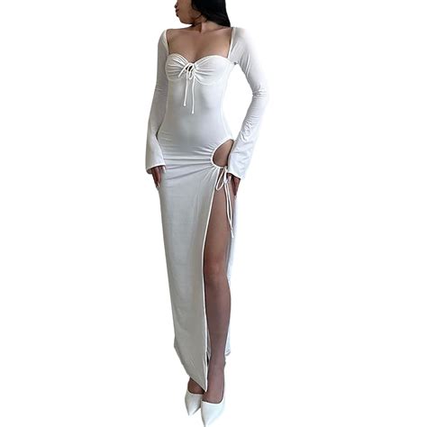 Dvkovi Sexy Side Split Long Sleeved Bodycon Dress Backless Party