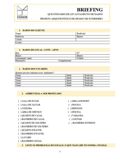 Modelo Briefing De Projeto De Interiores Honor Arquitetura Pdf