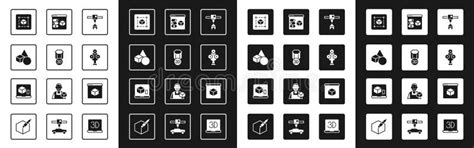 Set 3d Printer House Basic Geometric Shapes Geometric Figure Cube Scanner And Icon Vector