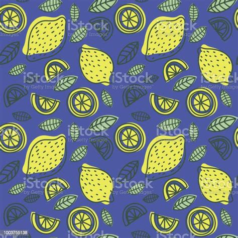 레몬 완벽 한 패턴입니다 손으로 그려 신선한 열 대 감귤 류 과일 색된 벡터 스케치 배경입니다 다채로운 낙서 배경 화면입니다 노란색과 파란색 인쇄 감귤류 과일에 대한 스톡