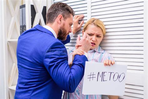 Movement Against Sexual Harassment Woman Showing A Note With The Text Me Too Abusive Boss