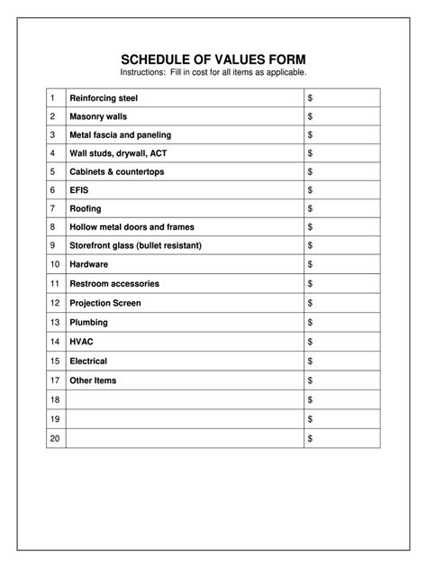 Free Schedule Of Values Template