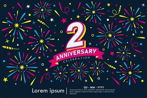 2주년 기념 엠블럼 축하 기념일 로고는 화려한 불꽃 놀이와 별이 반짝이고 리본으로 격리되어 있습니다 웹 전단지 포스터 인사말 카드에 대한 벡터 일러스트 레이 션 템플릿