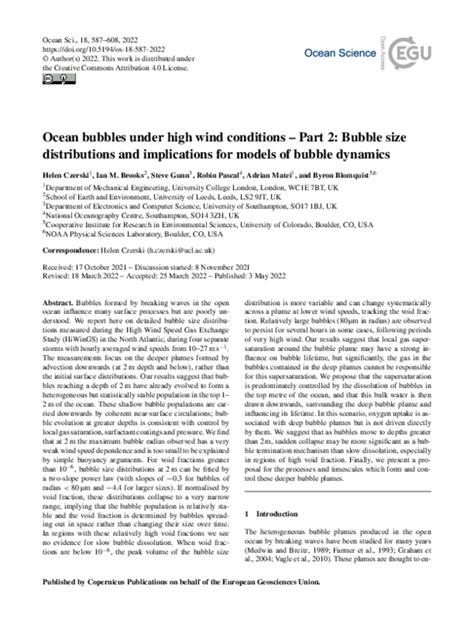 Pdf Ocean Bubbles Under High Wind Conditions Part 2 Bubble Size Distributions And