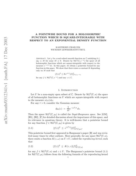 Pdf A Pointwise Bound For A Holomorphic Function Which Is Square