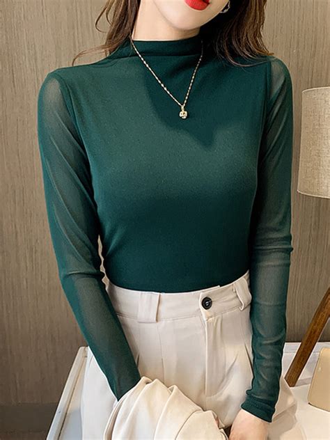 2024 Womens Spring And Autumn New Solid Color Lace Mesh Half Turtle