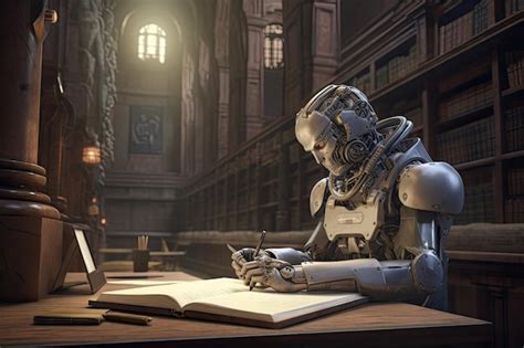 Premium AI Image Robot Working In A Library D Rendering Robot Working In A Library Robot