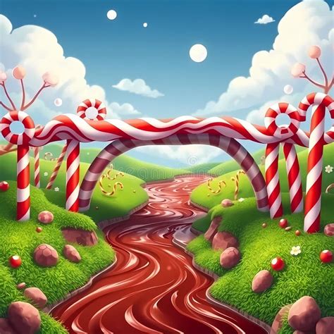 A Dreamy Candy Land With A Bridge Made Of Red And White Candy Canes
