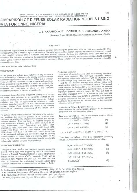 Pdf Comparison Of Diffuse Solar Radiation Models Using Data For Onne Nigeria