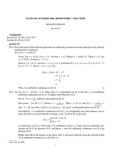 Homework 7 Questions With Solution On Introduction To Analysis Math 104 Docsity
