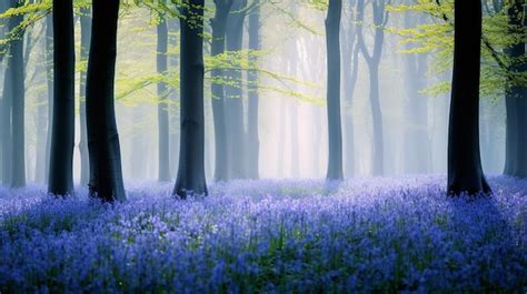 Premium Ai Image Misty Bluebell Wood At Dawn Ai Generated