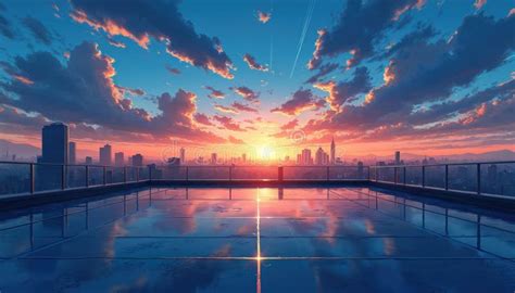 Anime Rooftop Overlooking Cityscape During Vibrant Sunset Bright