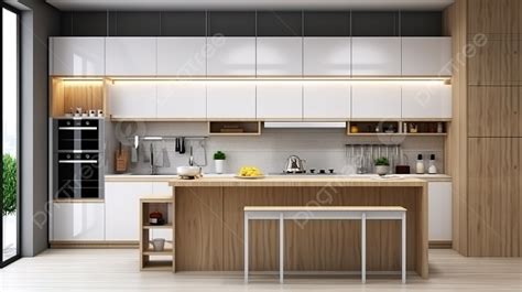 Minimalist Modern Kitchen With Wooden Countertop And White Cabinets Background 3d Render Modern