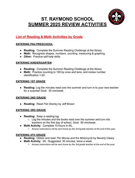 St Raymond School Summer Review Activities Mount Prospect Il