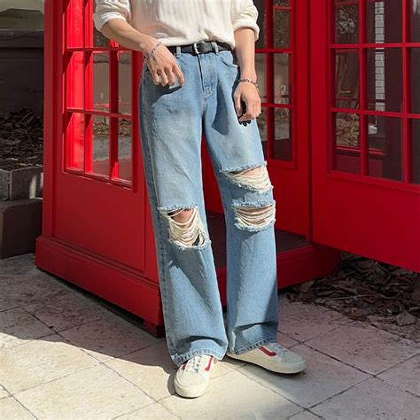 세미와이드 무파진 찢어진 구제 청바지 데미지 워싱 찢청 연청 데님 팬츠 에이블리