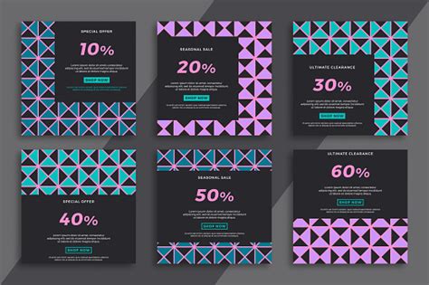 소셜 미디어 모바일 응용 프로그램에 대한 현대 판매 및 할인 프로모션 배경 기하학적 패턴의 어두운 사각형 광고 웹 배너 세트 간단한 벡터 편집 가능한 배경 Eps 10