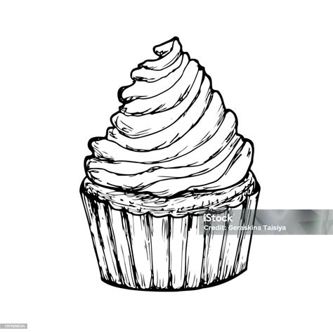 컵 케 익 커피 하우스 또는 카페용 일러스트레이션 손으로 그린 벡터 그림입니다 흑백 흑백 잉크 스케치 흰색 배경에 격리 색칠하기