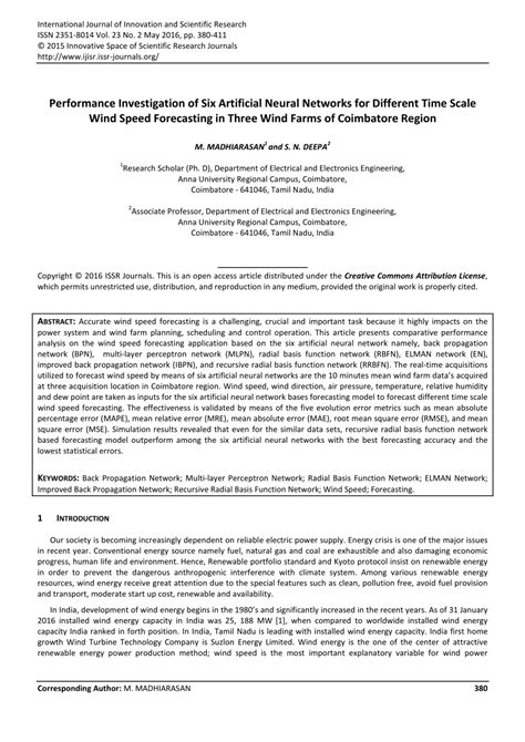 Pdf Performance Investigation Of Six Artificial Neural Networks For Different Time Scale Wind