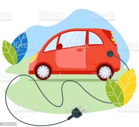 생태 친화적 인 전기 자동차 현대 운송 차량 흰색 평면 벡터 일러스트에 절연 케이블 플러그와 빨간 승객 자동차 교통수단에 대한 스톡 벡터 아트 및 기타 이미지 Istock