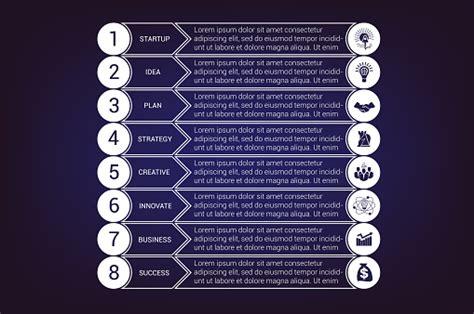 스타트업 버스 시 어 서클 및 수평 스트립의 인포 그래픽 템플릿 텍스트 영역에 대 한 8 위치 워크플로 배너 다이어그램 웹