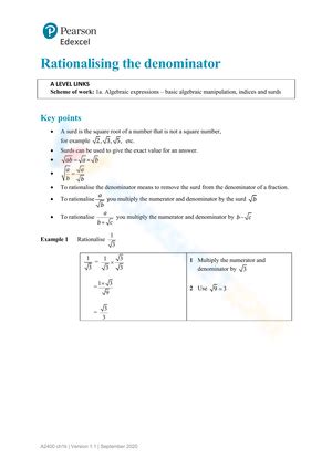 Rationalizing The Denominator Worksheets