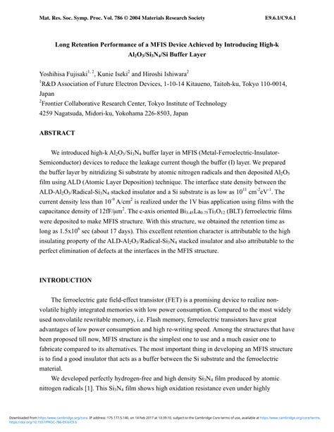 Pdf Long Retention Performance Of A Mfis Device Achieved By Introducing High K Al2o3si3n4si