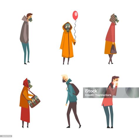 연기와 스모그 벡터 세트에 대한 보호 얼굴 마스크와 가스 헬멧을 착용하는 사람들 캐릭터 가리기에 대한 스톡 벡터 아트 및 기타 이미지 가리기 개체 그룹 거리 Istock