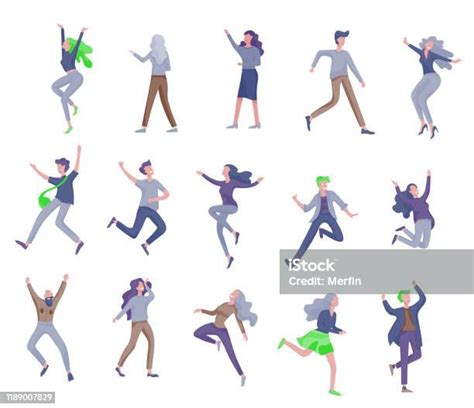 다양한 포즈에서 캐릭터를 점프 젊은 즐거운 웃음 사람들의 그룹은 제기 손으로 점프 행복 한 긍정적인 젊은 남자와 여자 개념에 대한 스톡 벡터 아트 및 기타 이미지 Istock