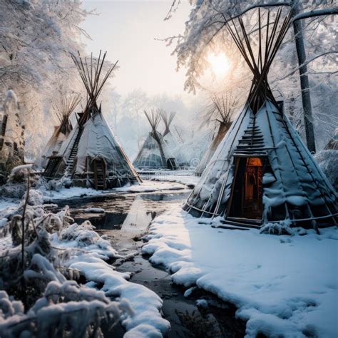 Native American Tee Pee Village With Water In Snowy Forest Ai Generated Stock Illustration