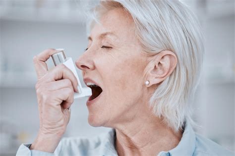 Premium Photo Senior Woman Asthma Inhaler And Pump For Pharmaceutical