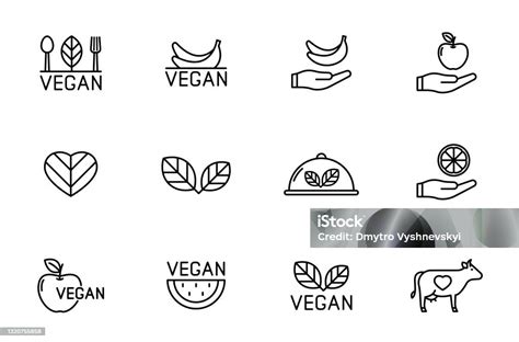 흰색으로 격리된 비건 라인 벡터 아이콘입니다 웹 및 Ui 디자인 모바일 앱 및 인쇄 제품을 위한 비폭력적인 식품 라인 아이콘 세트 건강한 식생활에 대한 스톡 벡터 아트 및