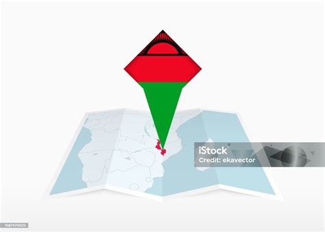 말라위는 접힌 종이지도와 말라위 국기와 함께 고정 된 위치 마커에 묘사되어 있습니다 관광에 대한 스톡 벡터 아트 및 기타 이미지 관광 관광객 기 Istock