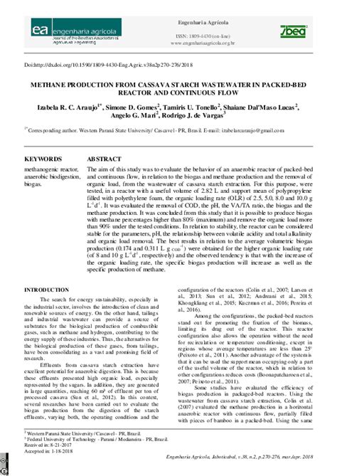Pdf Methane Production From Cassava Starch Wastewater In Packed Bed