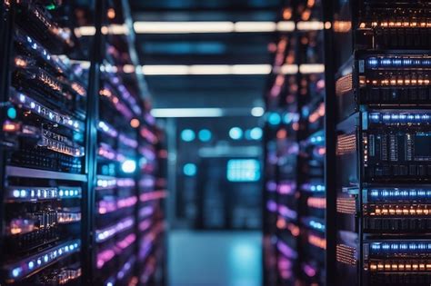 Premium AI Image Row Of Network Servers With Glowing LED Lights