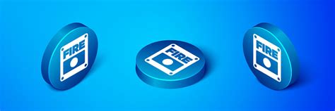 파란색 배경에 격리된 등색 화재 경보 시스템 아이콘입니다 위험 화재 안전 상자를 당깁니다 파란색 원 버튼입니다 벡터 3차원 형태에 대한 스톡 벡터 아트 및 기타 이미지