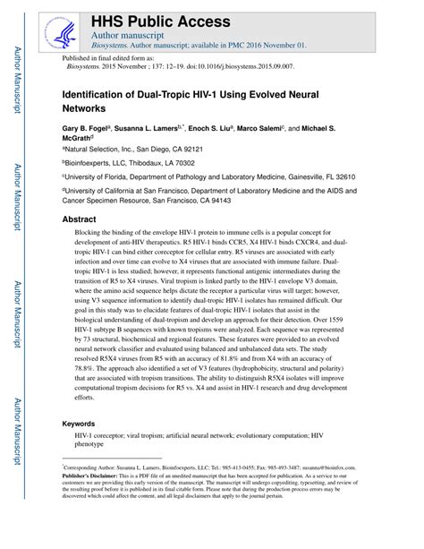 Pdf Identification Of Dual Tropic Hiv 1 Using Evolved Neural Networks